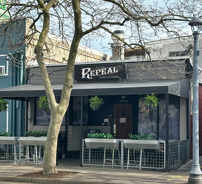 Repeal's sleek storefront with potted plants offers a hint of sophistication. Bourbon and burgers&mdash;a pairing that would make the founding fathers proud.