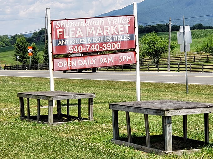 The Shenandoah Valley Flea Market sign stands sentinel against mountain views. Shopping with scenery &ndash; what could be better?