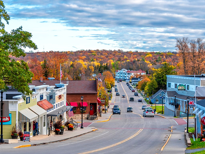Sister Bay's main street glows with autumn colors, creating a perfect backdrop for exploring this charming Lake Superior town.