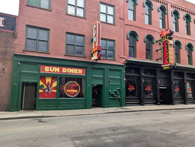 Sun Diner's emerald storefront stands proudly among Nashville's brick buildings, a tribute to music and morning meals.