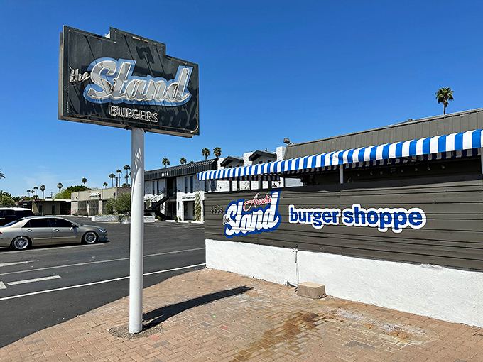 Blue and white awnings signal burger simplicity at its finest. Sometimes fewer options mean more attention to what really matters.