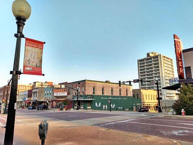 Tyler's historic buildings glow in the evening light, inviting visitors to explore the Rose Capital's charming downtown.