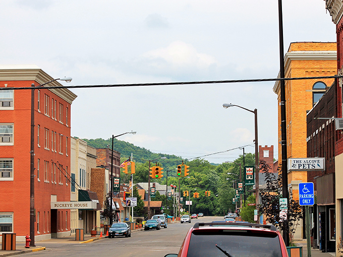 Uhrichsville's main street stretches toward the horizon, offering that quintessential small-town perspective where everyone knows which door to knock on.