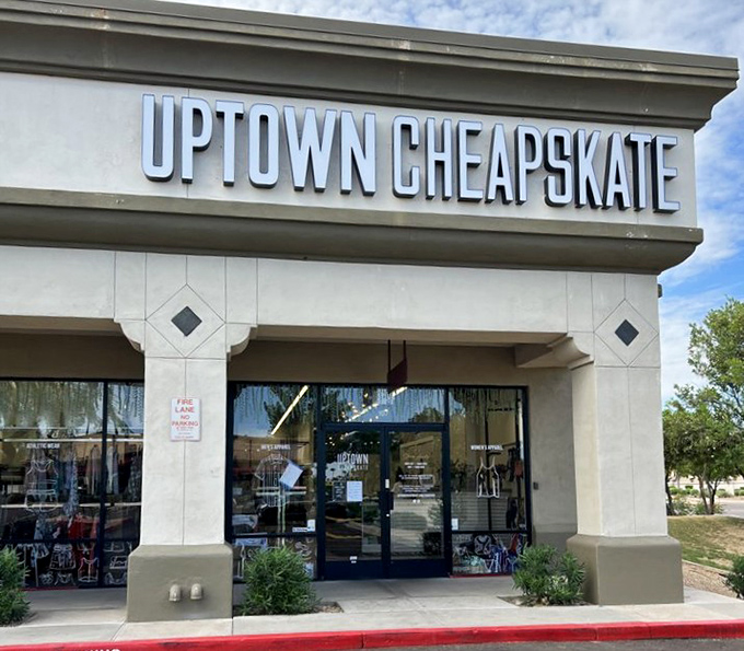 Uptown Cheapskate elevates "secondhand" to "sophisticated" with its sleek storefront and curated collection.