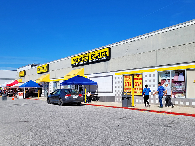 Washington Boulevard Marketplace welcomes shoppers with its bright, no-nonsense exterior. Retail therapy without the mall prices!