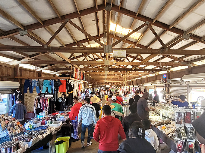 White Horse Flea Market's wooden beams create a rustic shopping cathedral. Worshipping at the altar of amazing deals!