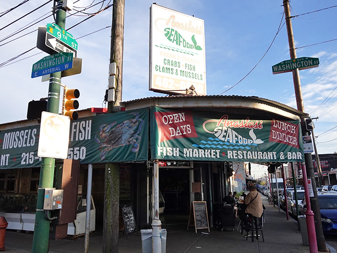 Anastasi Seafood (street view): "That corner spot with the colorful banners isn't just a restaurant&mdash;it's a Philadelphia seafood institution!"