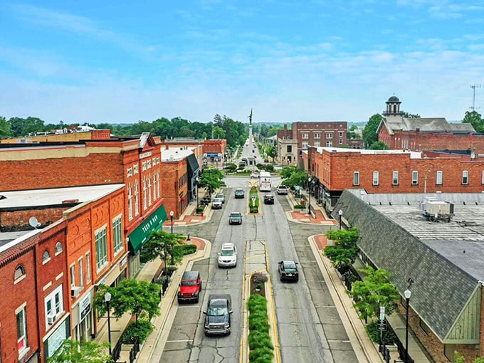 Downtown Angola's historic charm shines under blue skies, where brick buildings whisper stories from another century.