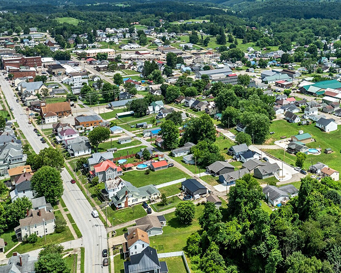 An aerial view of Barnesville reveals a patchwork of homes, businesses, and green spaces—Norman Rockwell would've needed a bigger canvas!