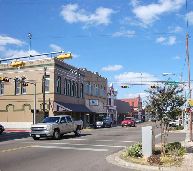 Main Street Beeville - where the buildings stand tall and proud, like sentinels guarding small-town Texas traditions.