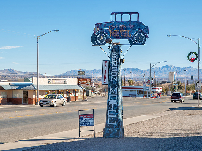 The Arcadia Lodge sign stands as a colorful sentinel over Benson's stretch of highway adventure.