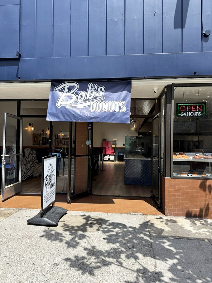 The simple banner at Bob's promises one thing: donuts. No fancy frills needed when you've perfected the basics.