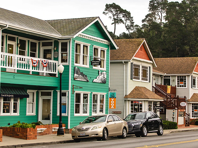 Cheerful storefronts in Cambria offer treasures waiting to be discovered. That mint-green building practically begs you to come inside!