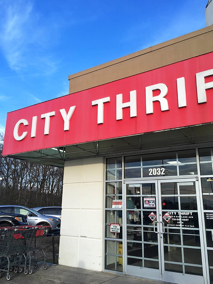 The bold CITY THRIFT sign doesn't whisper&mdash;it announces a wonderland of pre-loved treasures waiting to be discovered.