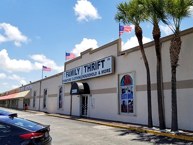 Palm trees stand guard outside this thrift paradise. Florida's version of "Open Sesame" to a cave of wonders!