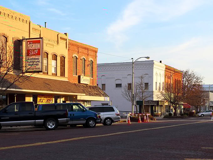 The Nashville Store anchors Gibson City's downtown, where brick buildings and local businesses create community connections.