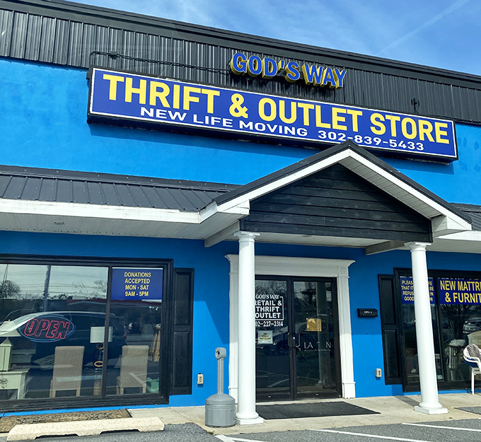 The "Thrift & Outlet" sign promises twice the treasure-hunting fun in one convenient blue building.