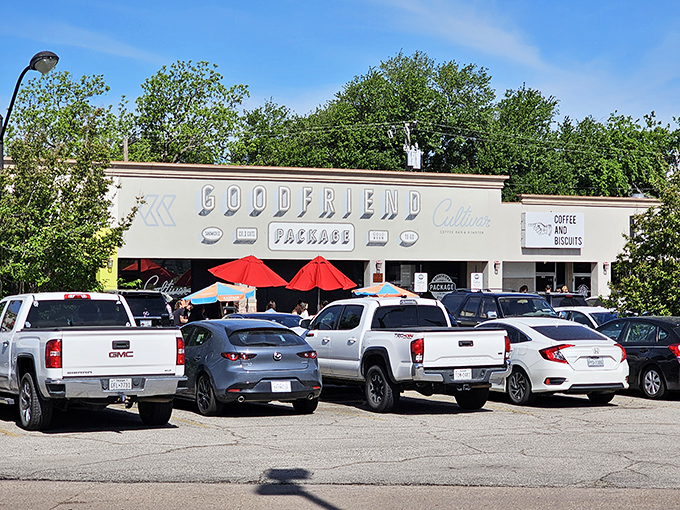 A packed parking lot tells the real story—Goodfriend Package has become Dallas' go-to for serious sandwich enthusiasts.