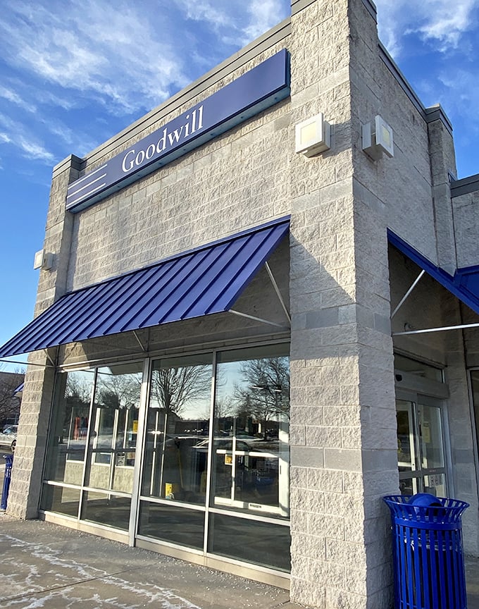 Sunshine bounces off Goodwill's facade, nature's spotlight on one of Wisconsin's premier bargain destinations.