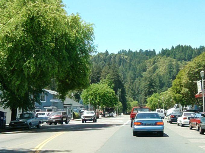 Downtown Guerneville sits nestled among towering redwoods, where nature and small-town life exist in perfect harmony.