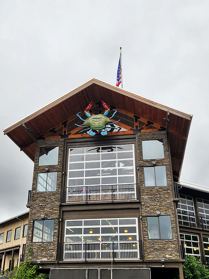 That blue crab perched high above tells you everything: this place takes seafood seriously, even in the Tennessee mountains.