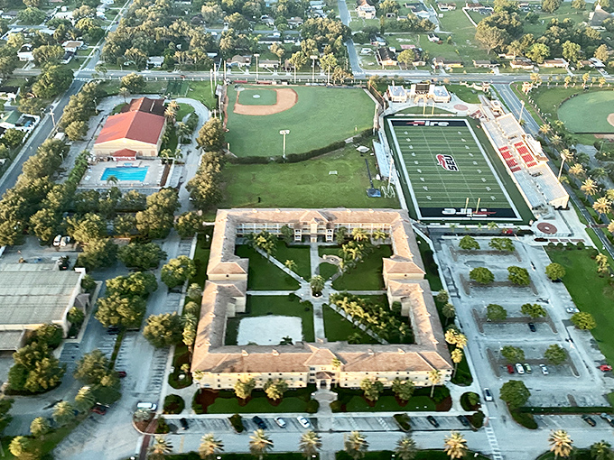 Somewhere down there, a marching band is practicing, a hot dog&rsquo;s on the grill, and life&rsquo;s good.