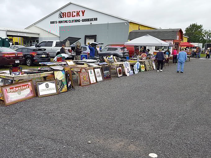 Treasure hunting in the great outdoors! Leighty's vendors display their wares beneath blue skies, creating a festive atmosphere for bargain hunters.
