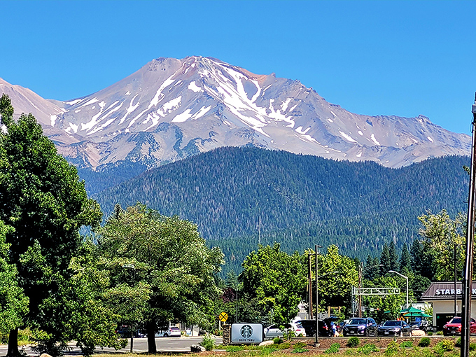 Downtown Mount Shasta sits in the shadow of its namesake peak. The mountain watches over the town like a gentle guardian.