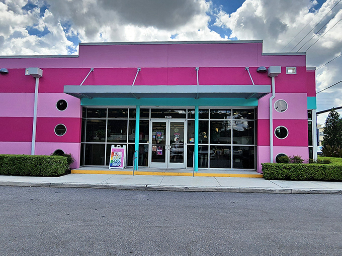 Bubble gum pink and turquoise create a South Beach vibe at this Orlando thrift shop. The playful architecture hints at the fun finds inside.