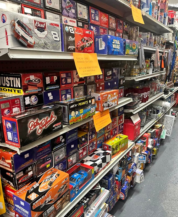 Racing memorabilia and nostalgic treasures line these packed shelves&mdash;each box a portal to someone's cherished memories.