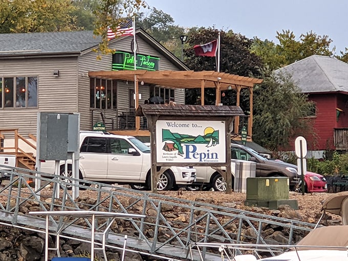 Pepin's riverside establishments welcome boaters and road-trippers alike, with the town's welcome sign promising small-town hospitality on the Mississippi.