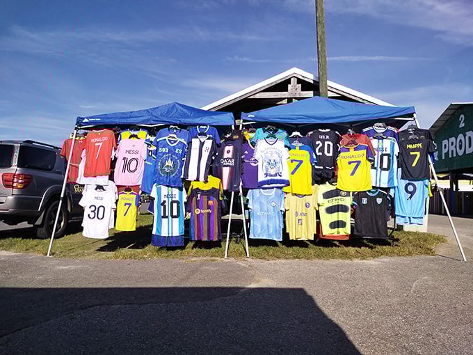 Soccer jerseys from around the world create a United Nations of athletic fashion under one tent.