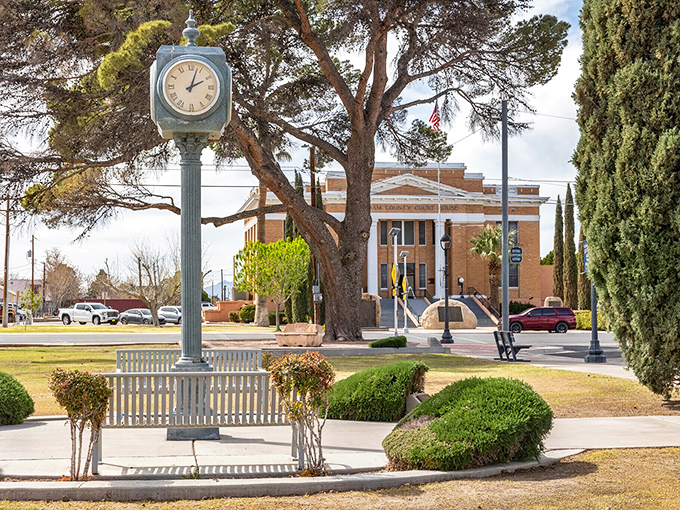 The courthouse clock in Safford stands sentinel over a town square that feels like it belongs in a simpler, friendlier time.