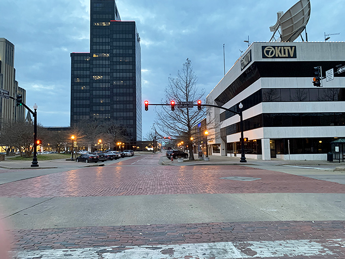 Downtown Tyler comes alive at dusk, when historic buildings light up and the brick streets beckon evening strollers.