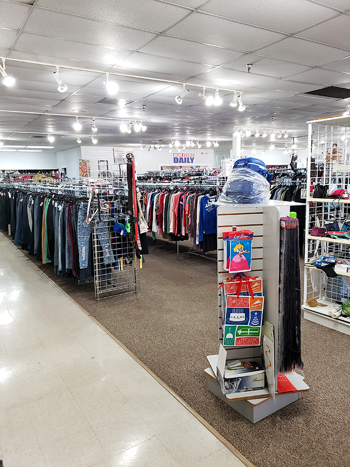 Inside Ultimate Thrift, racks of possibility stretch toward fluorescent horizons. A wonderland where yesterday's fashions find tomorrow's admirers.