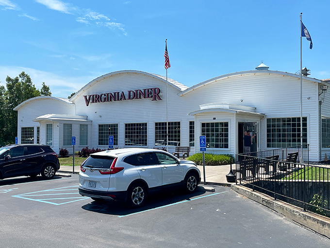 American flag flying high, Virginia Diner serves patriotic pancakes in a building that belongs on a postcard.