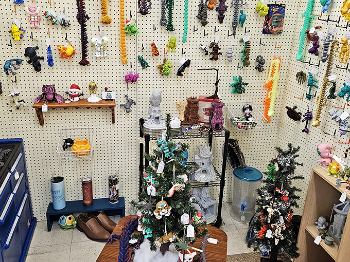 A pegboard wonderland of tiny treasures. Each miniature figure represents someone's obsession, collection, or childhood memory brought to life.