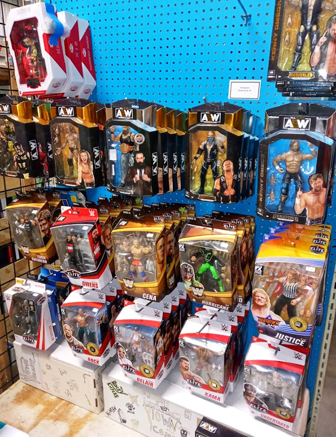 Nostalgia in plastic form! Wrestling action figures stand at attention, ready to bodyslam their way into collectors' hearts and display cases. 