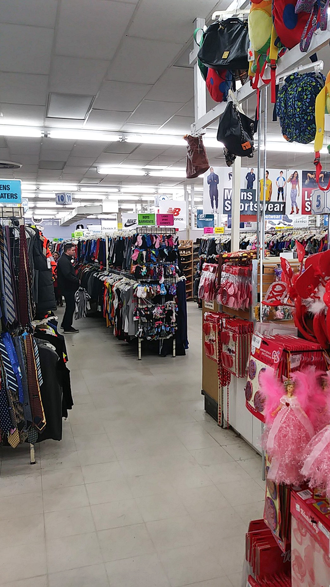 A maze of bargain-packed aisles stretches out under bright fluorescent lights, where everything from neckties to headbands competes for a spot in your cart.