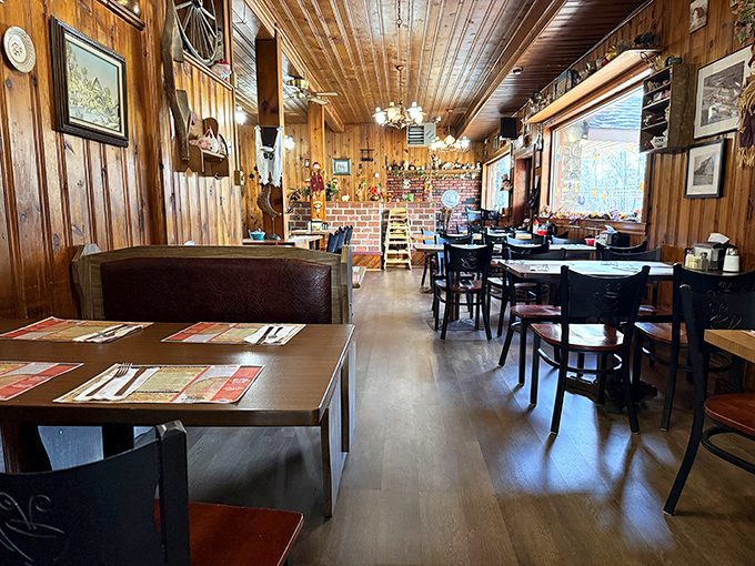 The dining room feels like it's been serving comfort food since time immemorial. Every wooden surface tells a story of satisfied diners.