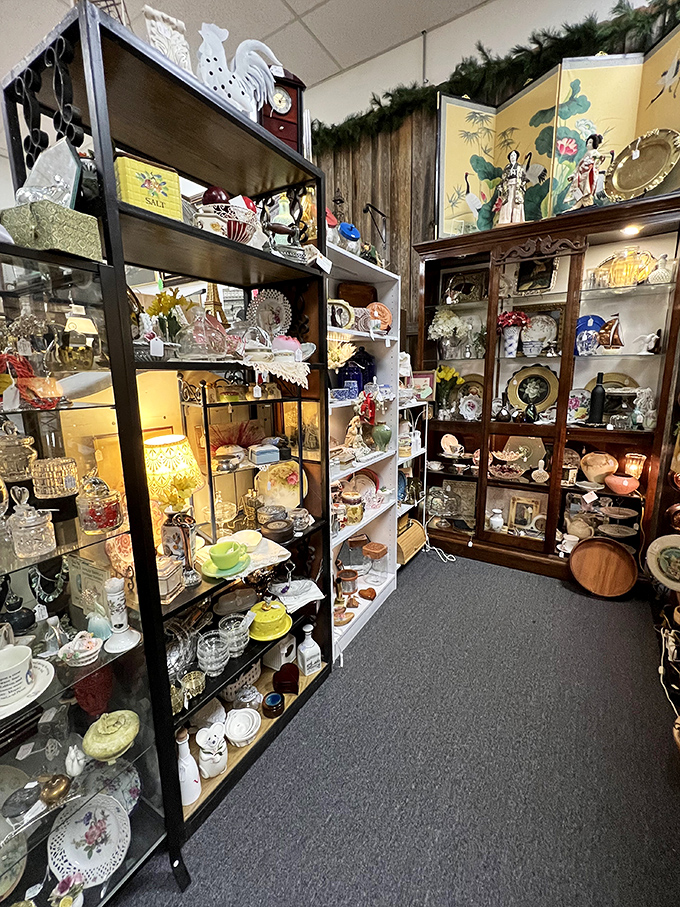 Delicate dishware and glassware that survived decades of dinner parties now wait for their next home. Your grandmother would approve.