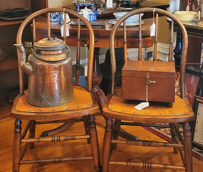 Colonial craftsmanship meets practical patina&mdash;that copper kettle has probably brewed tea for longer than most of us have been alive.
