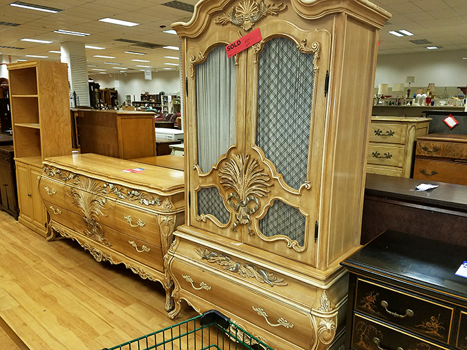 This ornate bedroom set whispers, "Was I stolen from a European castle?" Baroque elegance at thrift store prices is the ultimate power move.