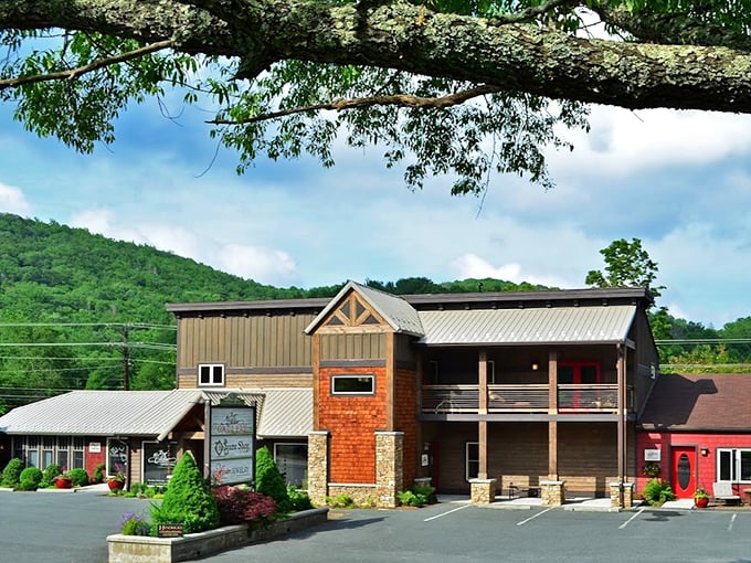 The Art Cellar Gallery combines mountain craftsmanship with sophisticated art in a building that looks like it gives great hugs.