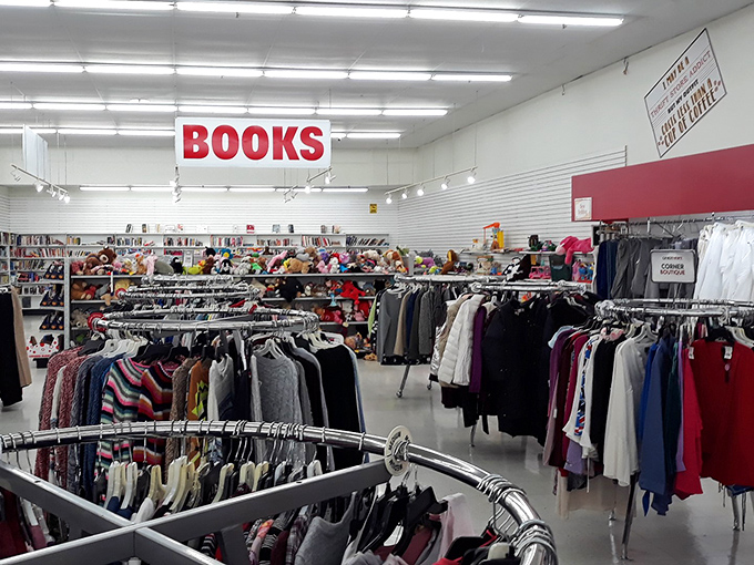 The BOOKS sign stands like a literary lighthouse, guiding word-hungry shoppers to shelves of pre-loved stories.
