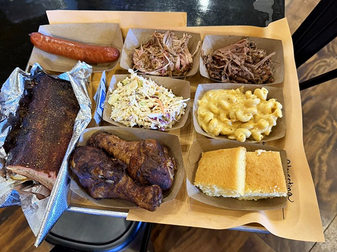 This BBQ sampler tray isn't a meal&mdash;it's a guided tour through the finest neighborhoods of Flavortown.