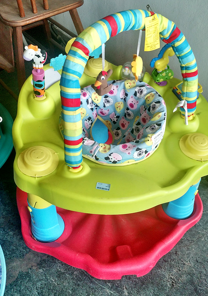 Today's exersaucer, tomorrow's garage sale item, next week's thrift store find. The circle of baby gear life continues in vibrant primary colors.