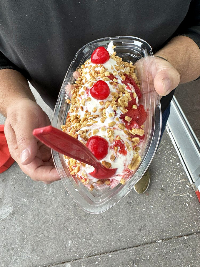 The banana split that's been photobombing family albums for generations. Notice how the cherries are perfectly positioned for maximum visual impact.