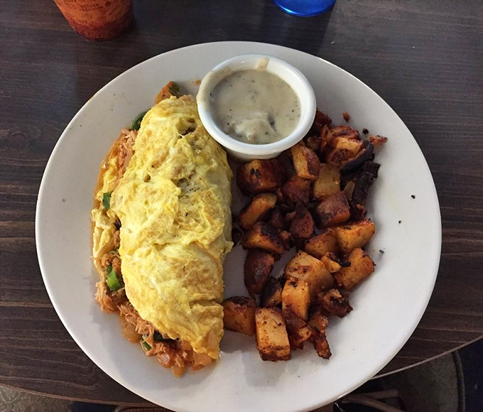 This omelet didn't just incorporate BBQ chicken &ndash; it embraced it wholeheartedly, with potatoes standing by for moral support.