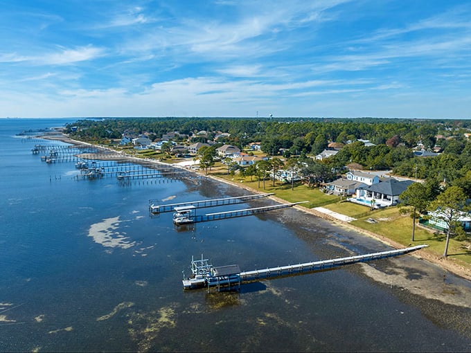 Private docks extend into calm waters where boats gently bob, proving that in Navarre, waterfront living isn't just for the millionaire's club.